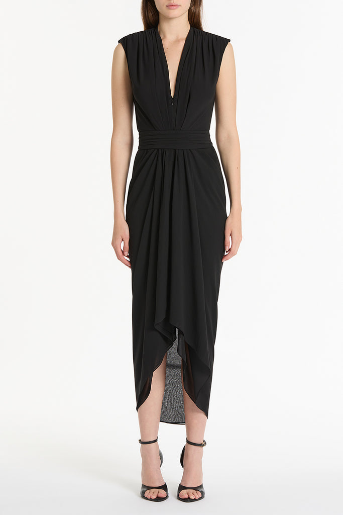 BLACK GEORGETTE SLEEVELESS WATERFALL DRESS – Carla Zampatti