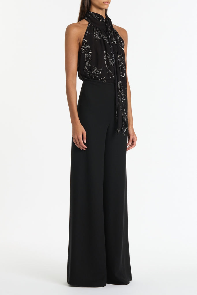 BLACK LINEAR FLORAL GATHERED HALTER TOP – Carla Zampatti