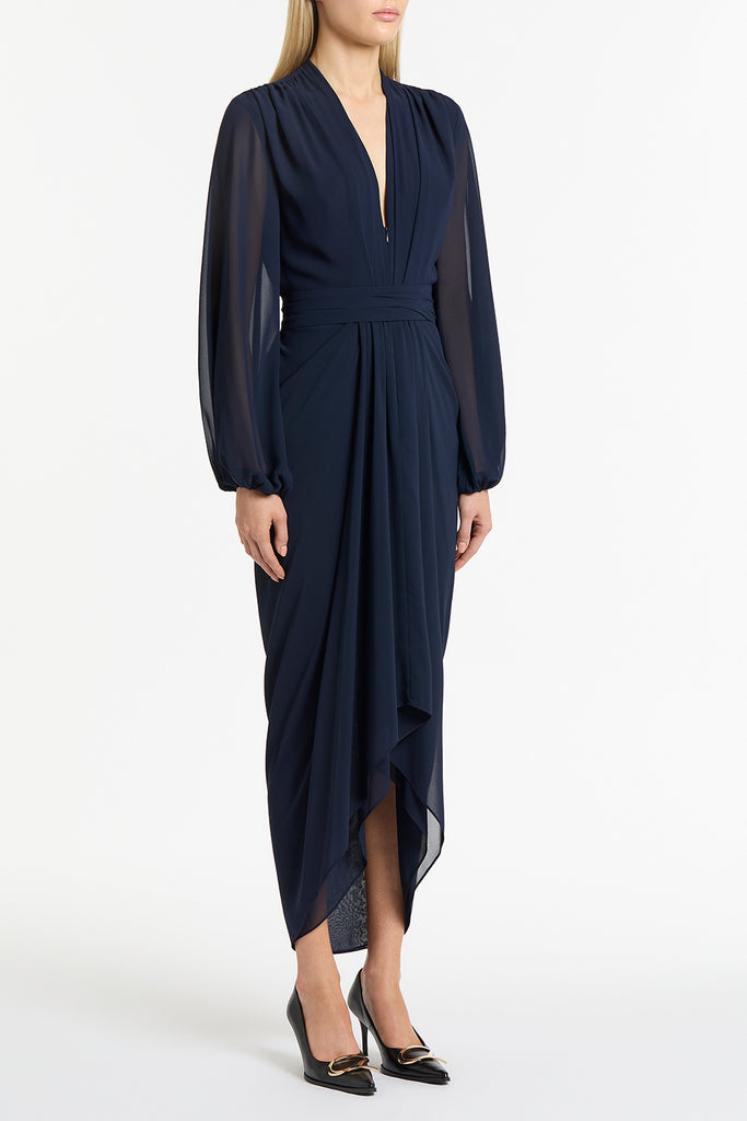 NAVY GEORGETTE V-NECK WATERFALL DRESS – Carla Zampatti