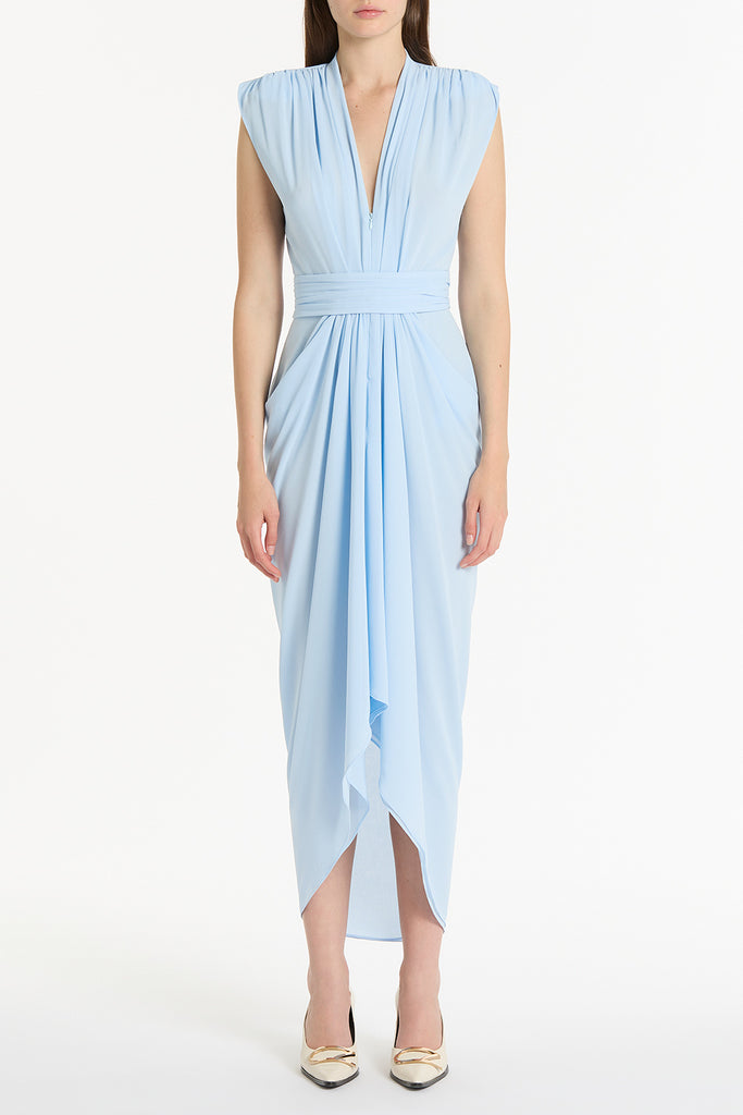 PALE BLUE GEORGETTE SLEEVELESS WATERFALL DRESS – Carla Zampatti