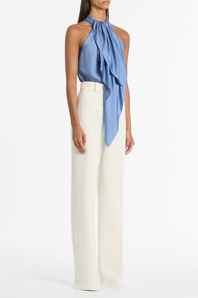 STEEL BLUE SILK TWILL RUFFLE HALTER TOP – Carla Zampatti