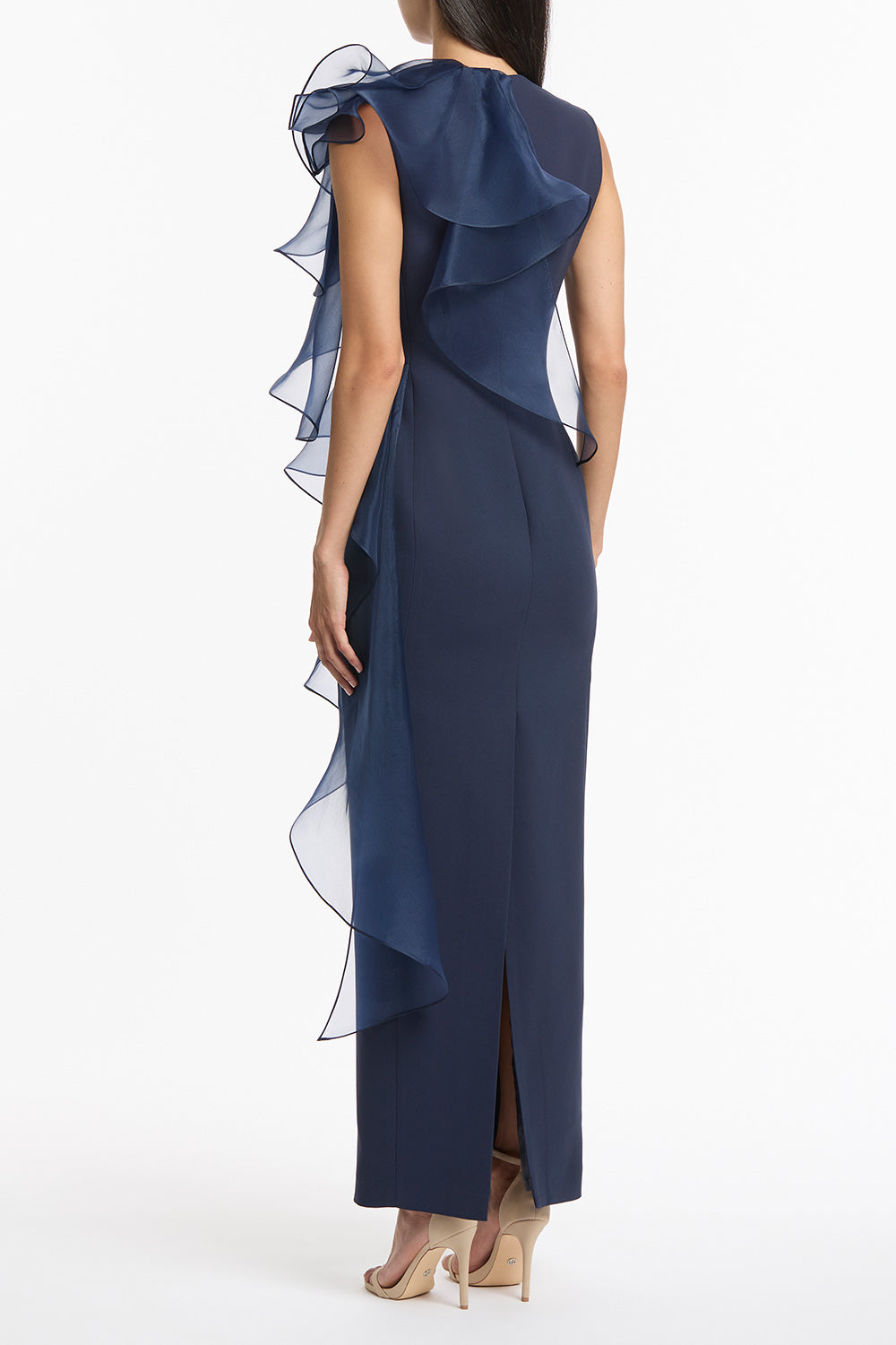 NAVY CREPE RUFFLE SHOULDER GOWN – Carla Zampatti